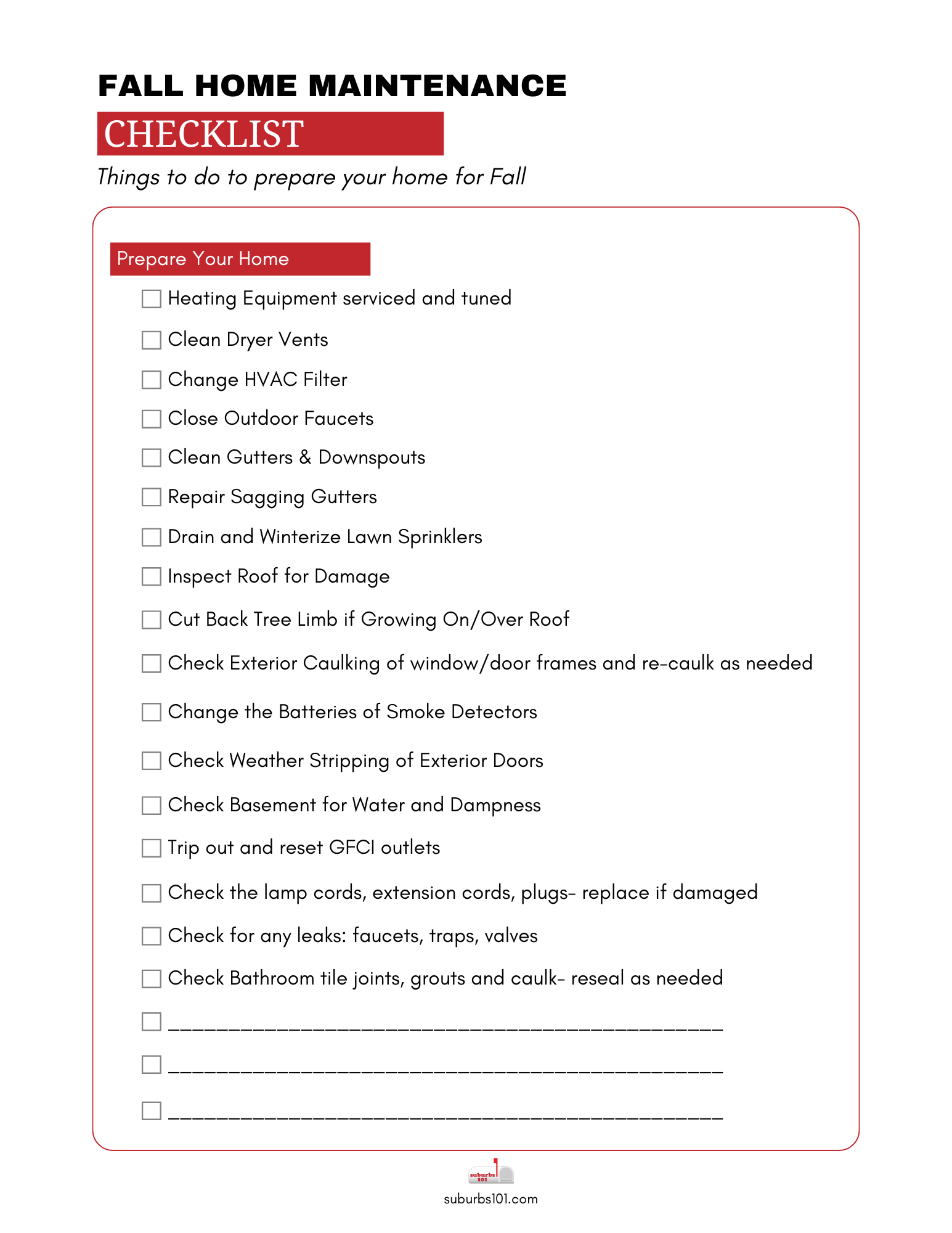 Free Home Maintenance Checklist Printables - Suburbs 101