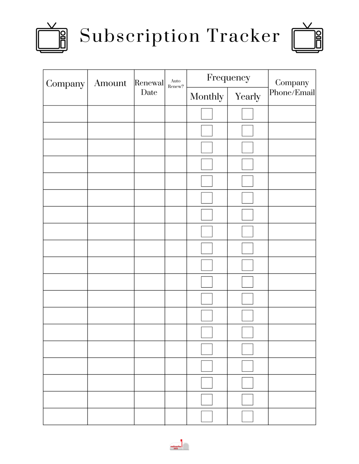 Free Subscription Tracker Printable - Suburbs 101